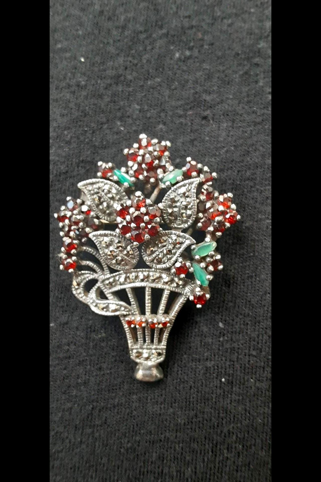 Victorian Sterling Silver Flower Basket Pin/necklace. Garnet, Marcasite ...