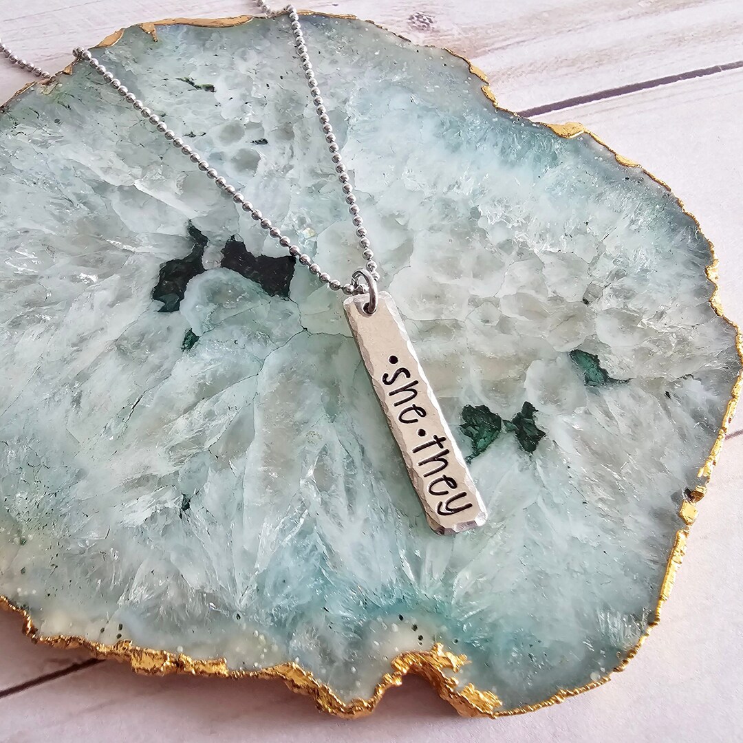 Custom Pronoun Necklace, Handstamped Pewter Bar With Your Pronouns, She ...