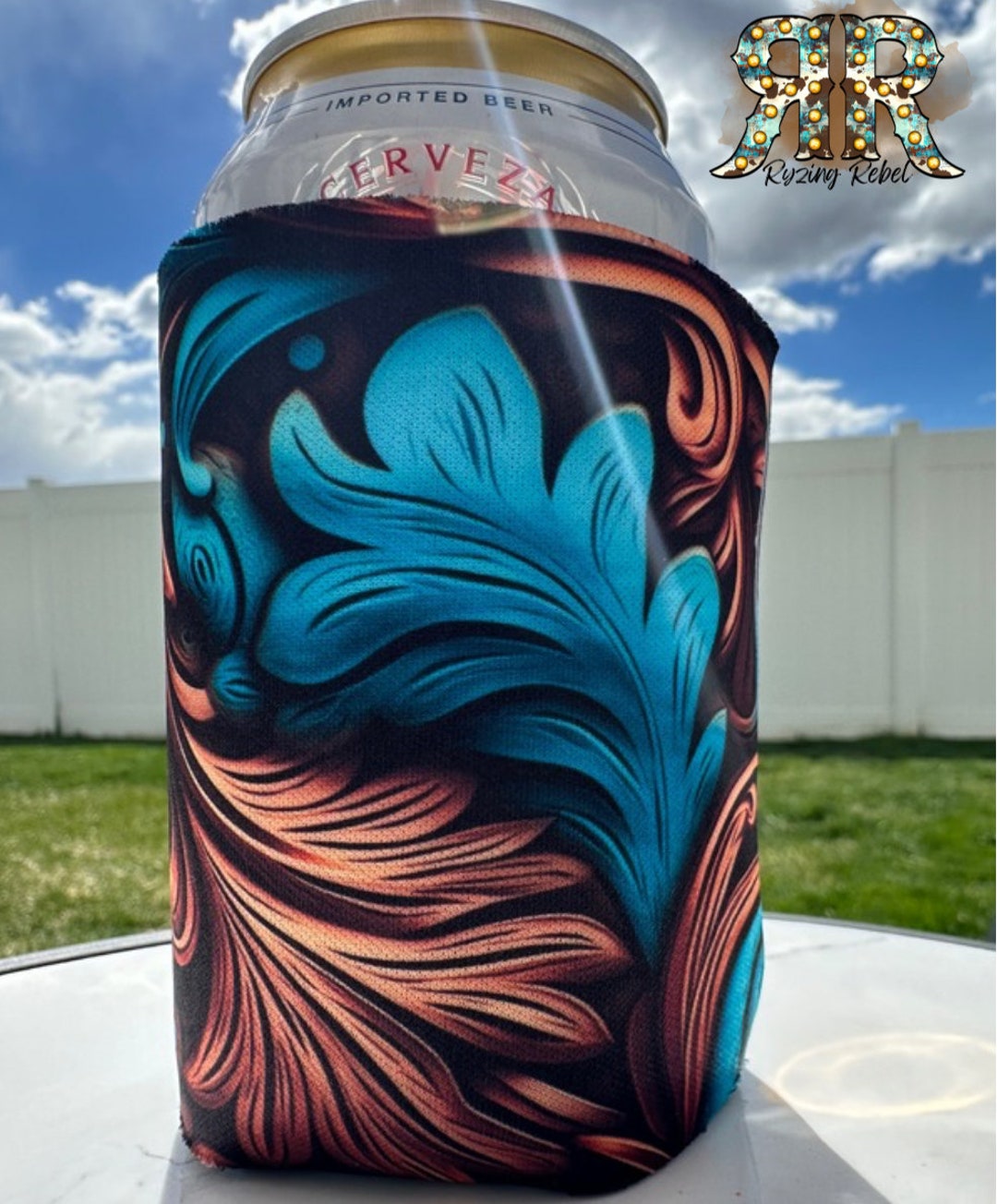 Western Tooled Leather & Turquoise Design Can Coozie | Fringe Can ...