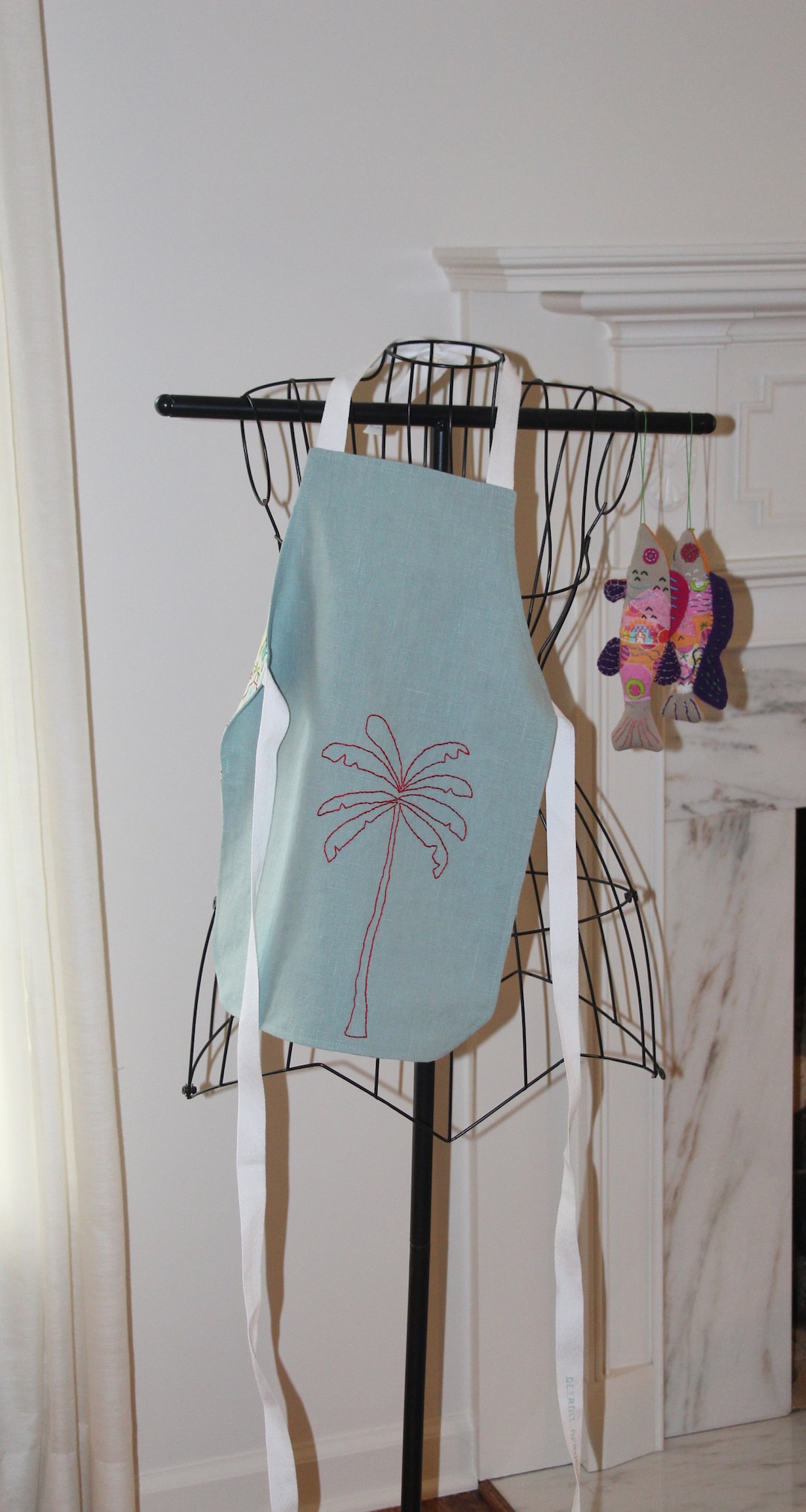 Children's Linen Apron, Aqua Blue, Palm Tree Embroidery, Reversible ...