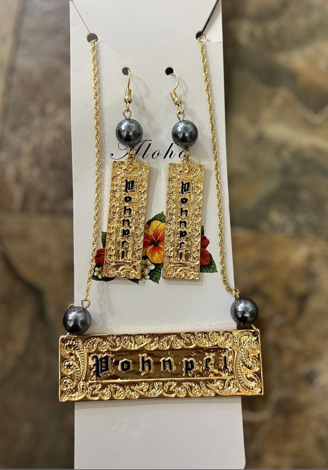 Pohnpei Polynesian Samoa Necklace Shell Pearl Earrings Set Gold Plated ...