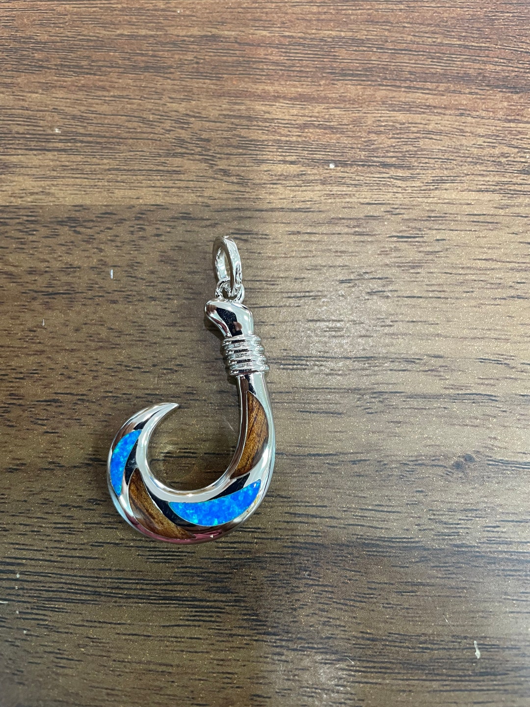 Sterling Silver 926 Opal With Koa Wood Fish Hook Pendant - Etsy
