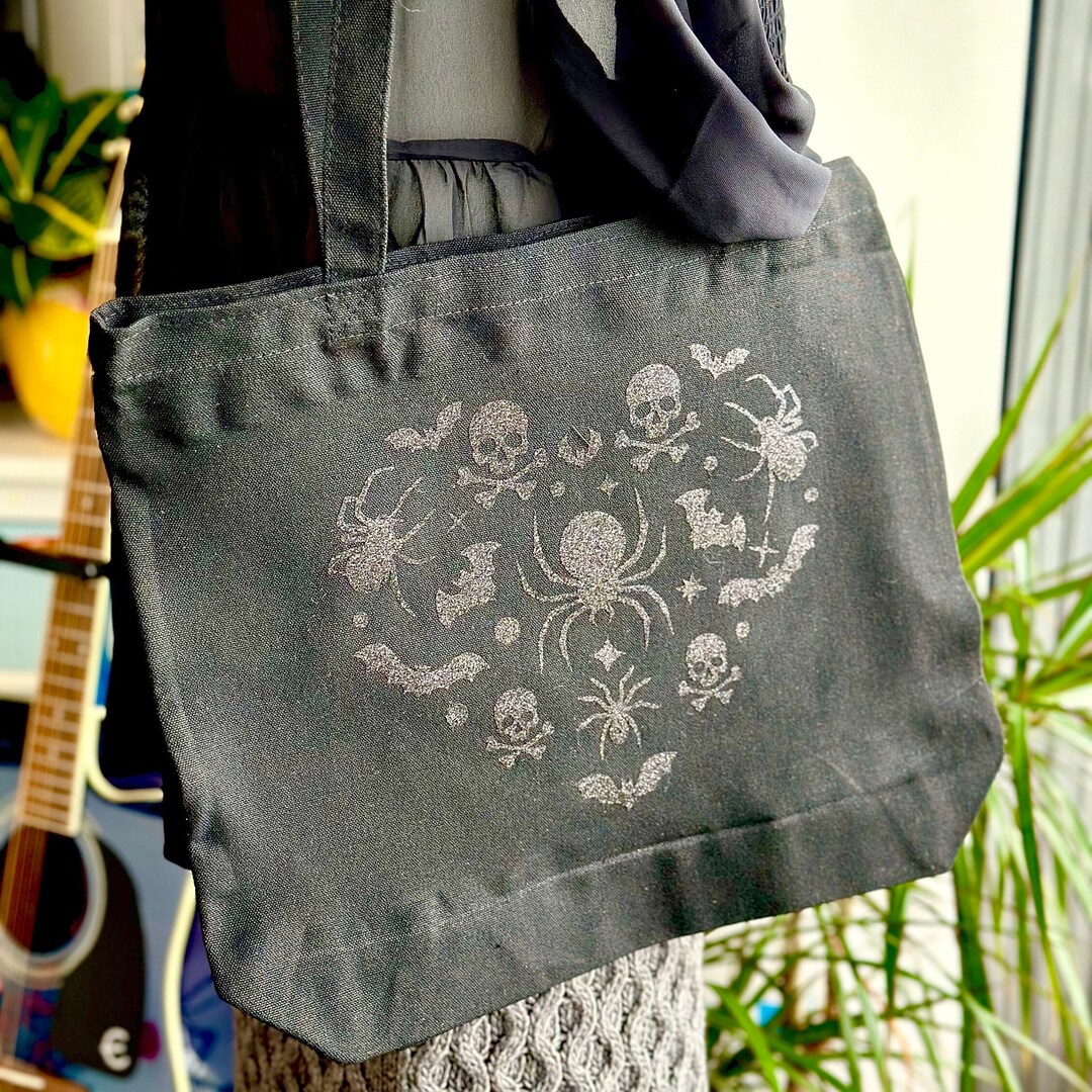 Black on Black Spider Tote Bag, Black Canvas Tote, Book Tote, Witchy ...