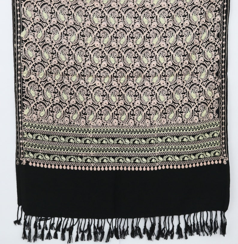 Pretty PURE PASHMINA WOOL Embroidered Shawl Stole Black Baby Pink Gold ...