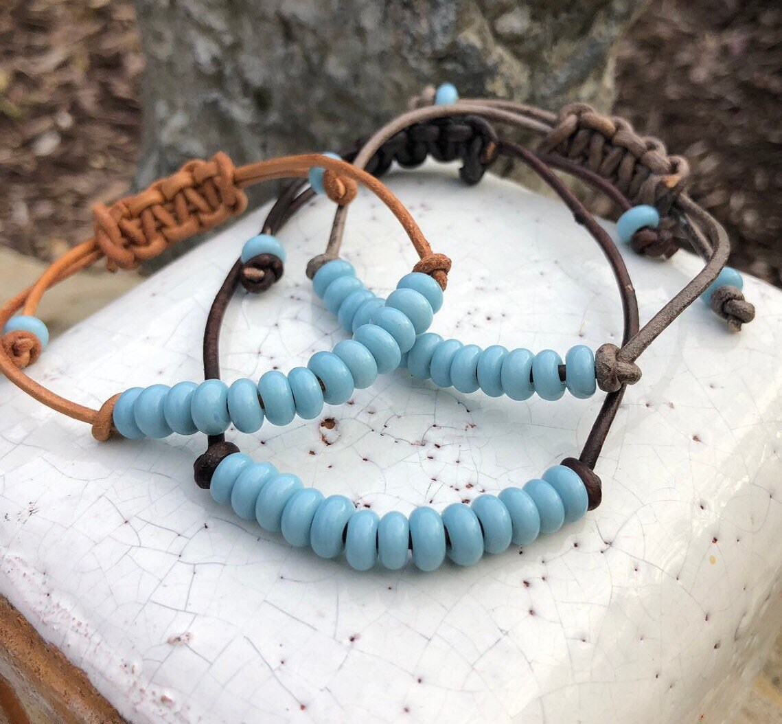 Light BLUE Bead LEATHER ANKLET / Blue Glass Bead Anklet / - Etsy