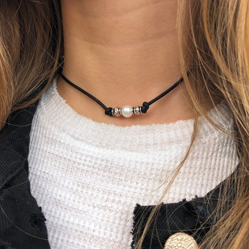 Pearl And Silver Bead Leather Choker Freshwater Pearl Leather Etsy