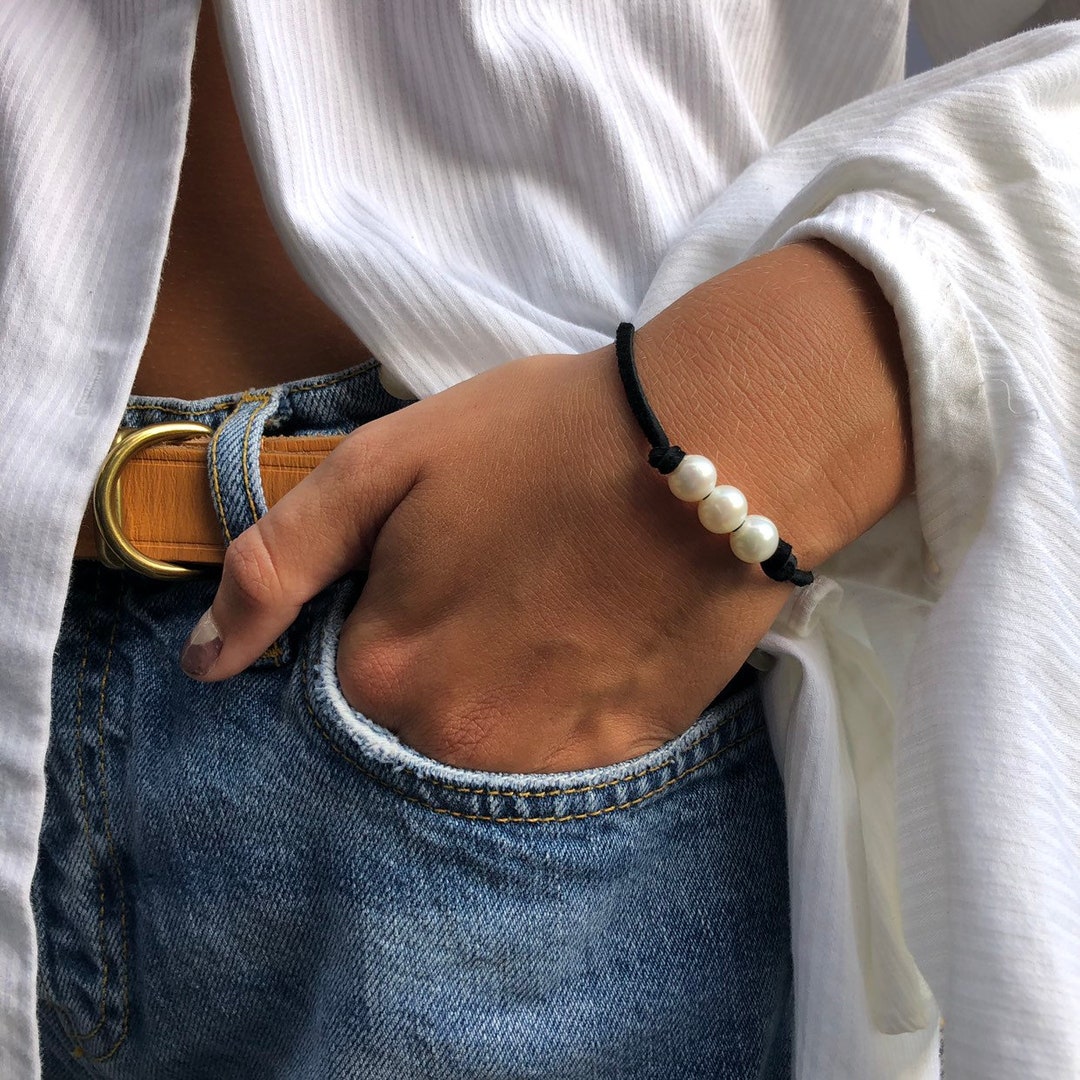 3 PEARL SUEDE BRACELET/ Pearl Bracelet; Real Suede White or Peacock ...