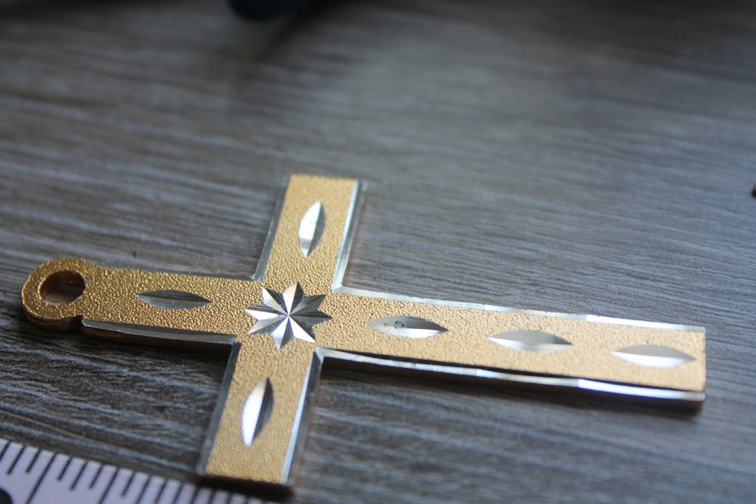 VINTAGE Gold Plated Aluminum Deco Diamond Cut Design 2.5" CROSS Pendant ...