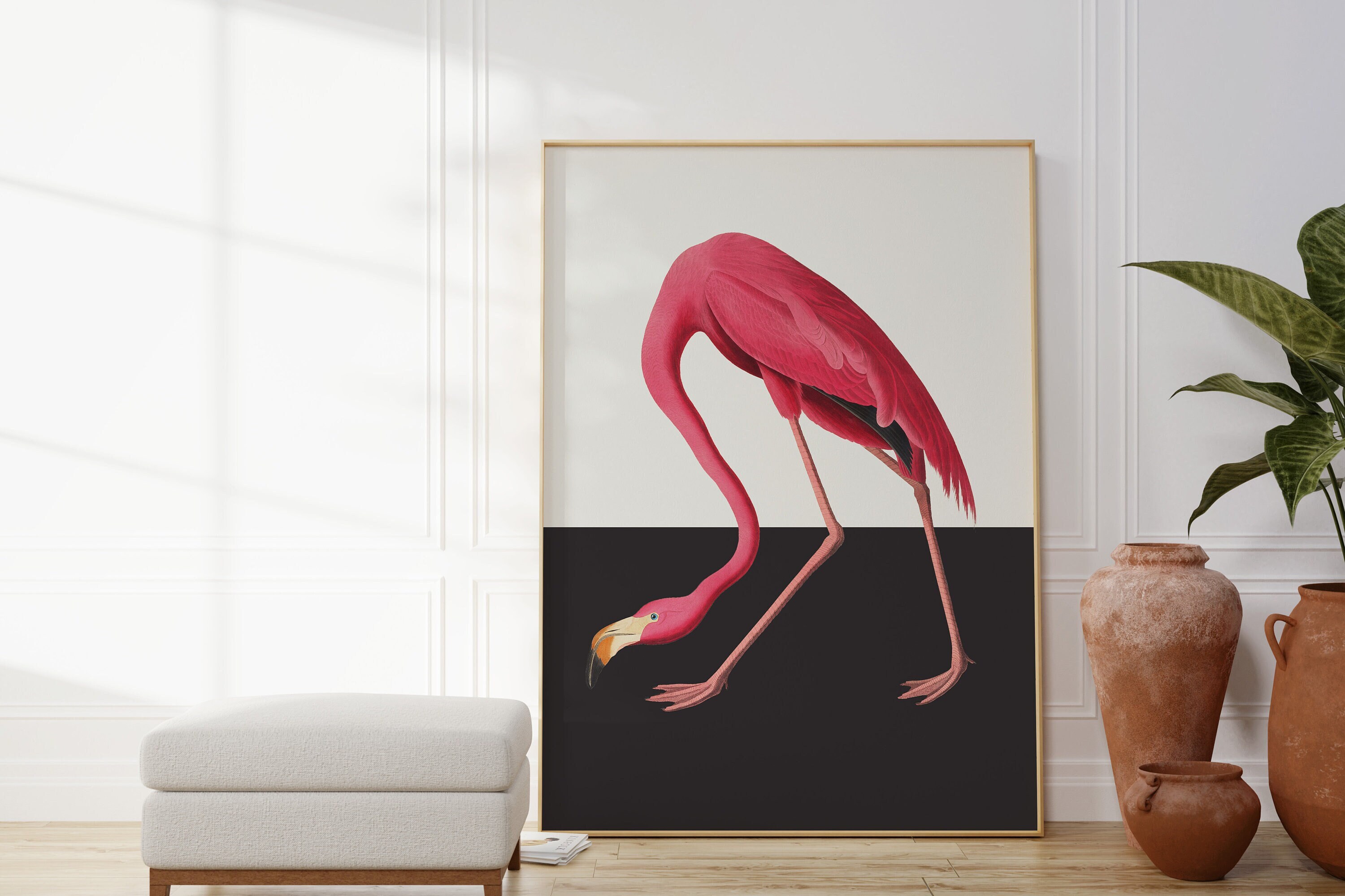 Minimal Modern Black and White Pink Flamingo Stripe Block Graphic Print ...