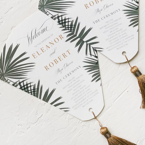 Modern Tropical Wedding Fan Program With Silky Tassel Custom - Etsy