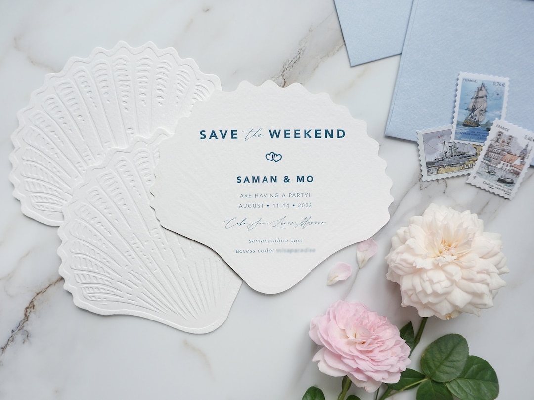 Luxurious Seashell Coastal Wedding Invitation, Blind Pressed Seaside ...