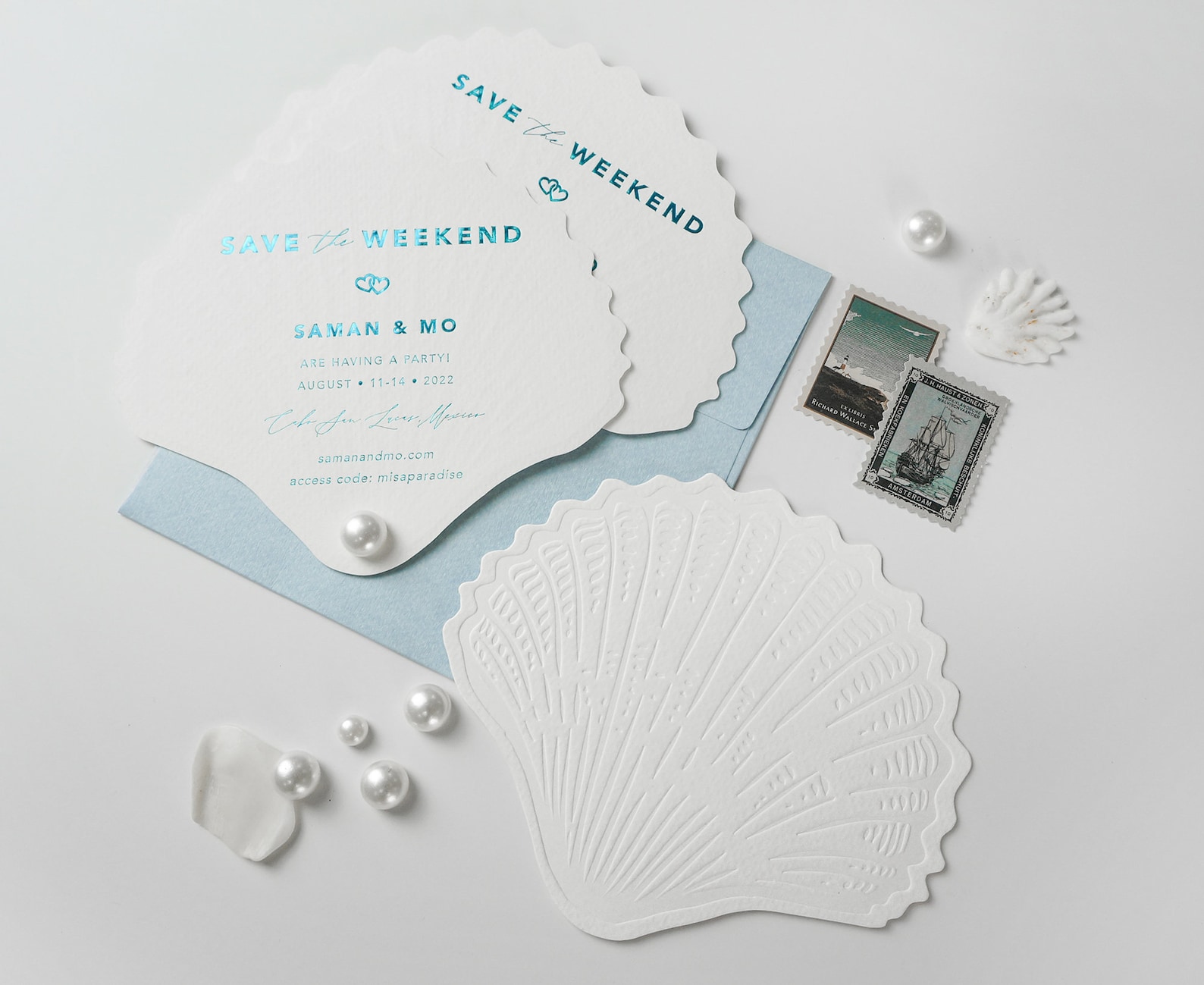 Luxurious Seashell Coastal Wedding Invitation, Blind Pressed Seaside ...