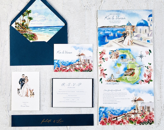 Custom Romantic Santorini Wedding Tri-fold Coup Watercolor Portrait ...