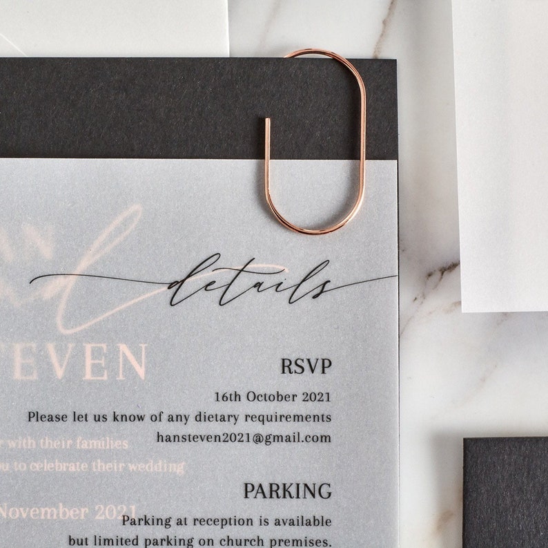 Vellum Overlay Detail Card Wedding Invitation, Modern Elevated Black ...