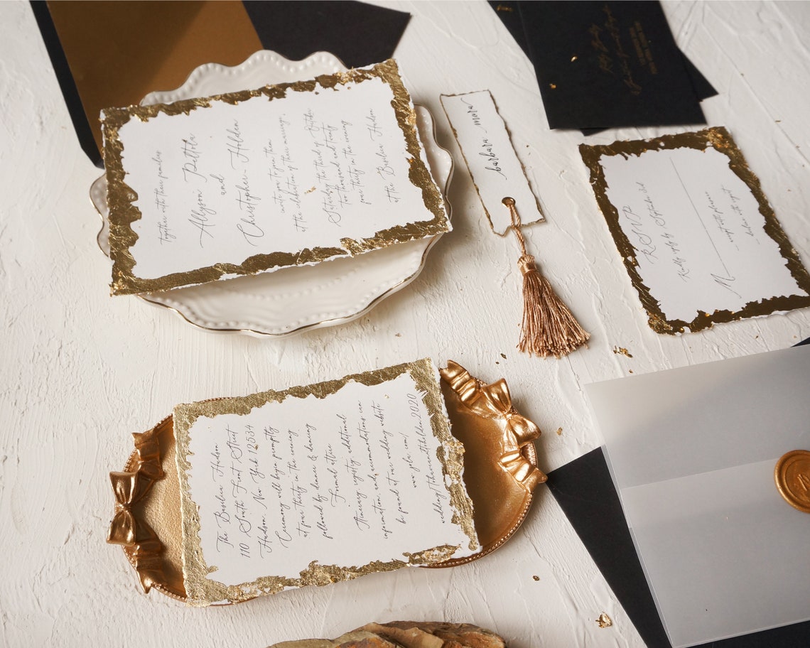 Gold Deckle Edged Calligraphy Regal Wedding Invitation Suite | Etsy