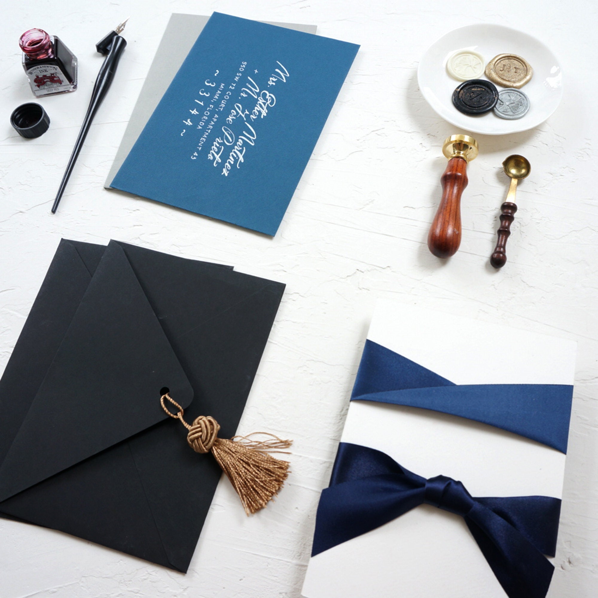 Vellum Overlay Detail Card Wedding Invitation, Modern Elevated Black ...