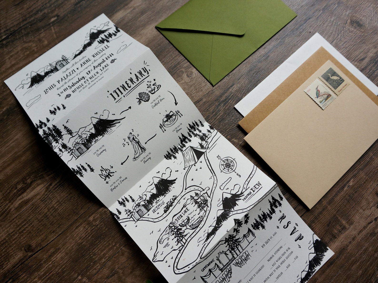 Custom Wedding Map Folded Wedding Invitation, Whimsical Hand-drawn Map ...