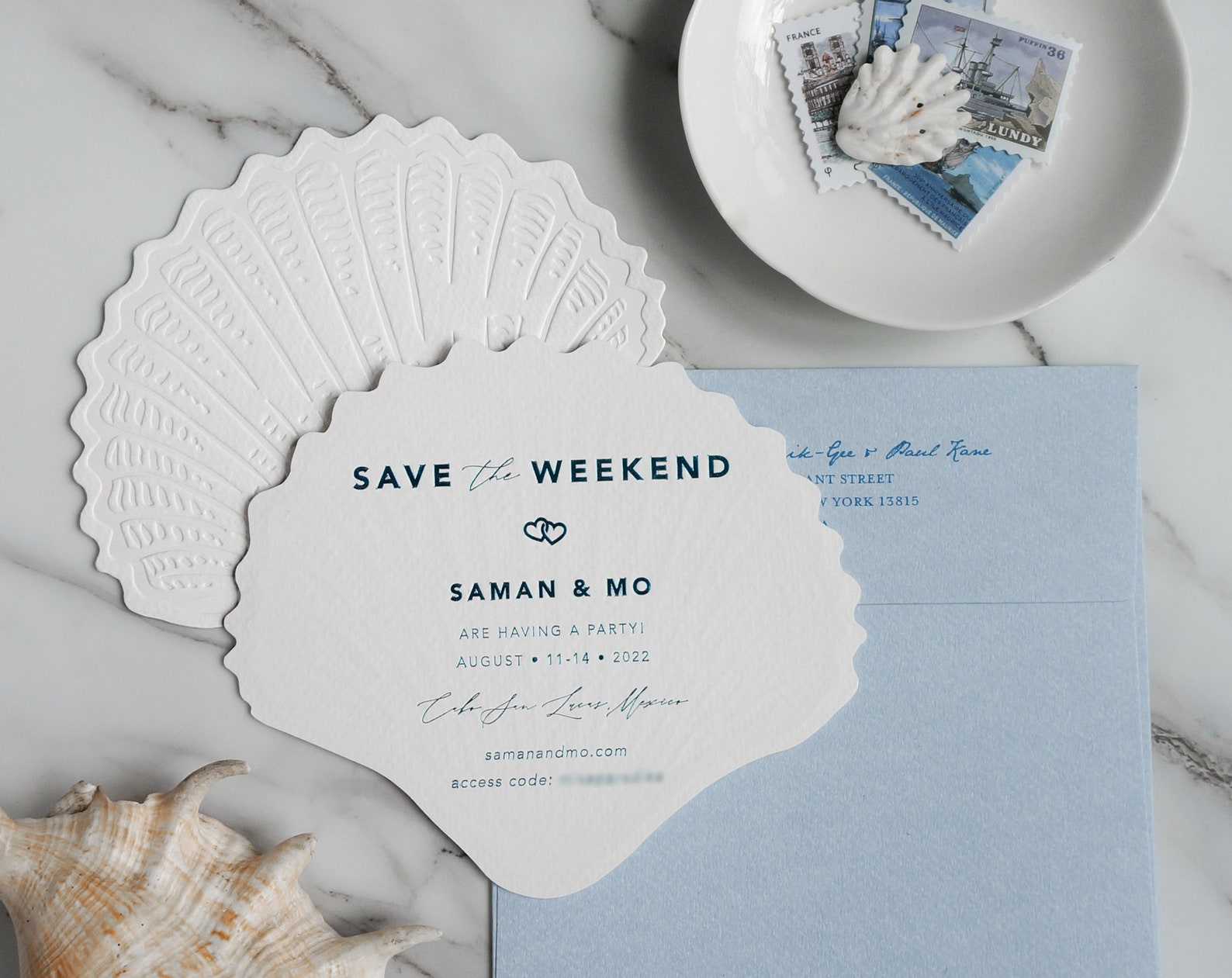 Luxurious Seashell Coastal Wedding Invitation, Blind Pressed Seaside ...