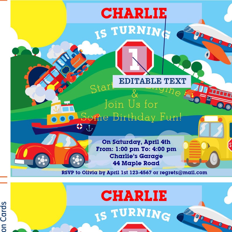 Transportation Party INVITATION, Vehicle Birthday Invite, Printable ...