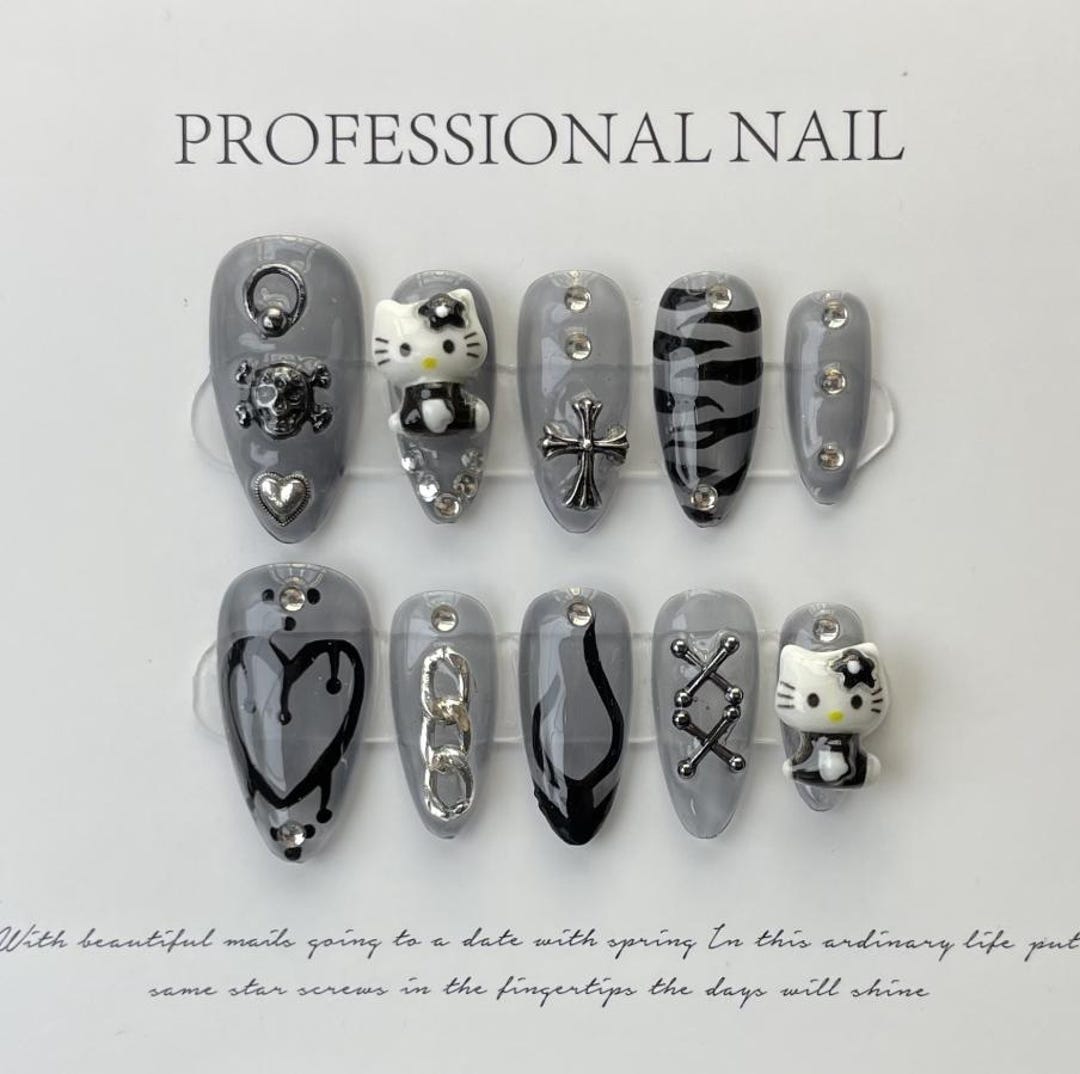 Kuromi Sweet Cool Press on Nails | Full Rhinestone Heart Metal Design ...