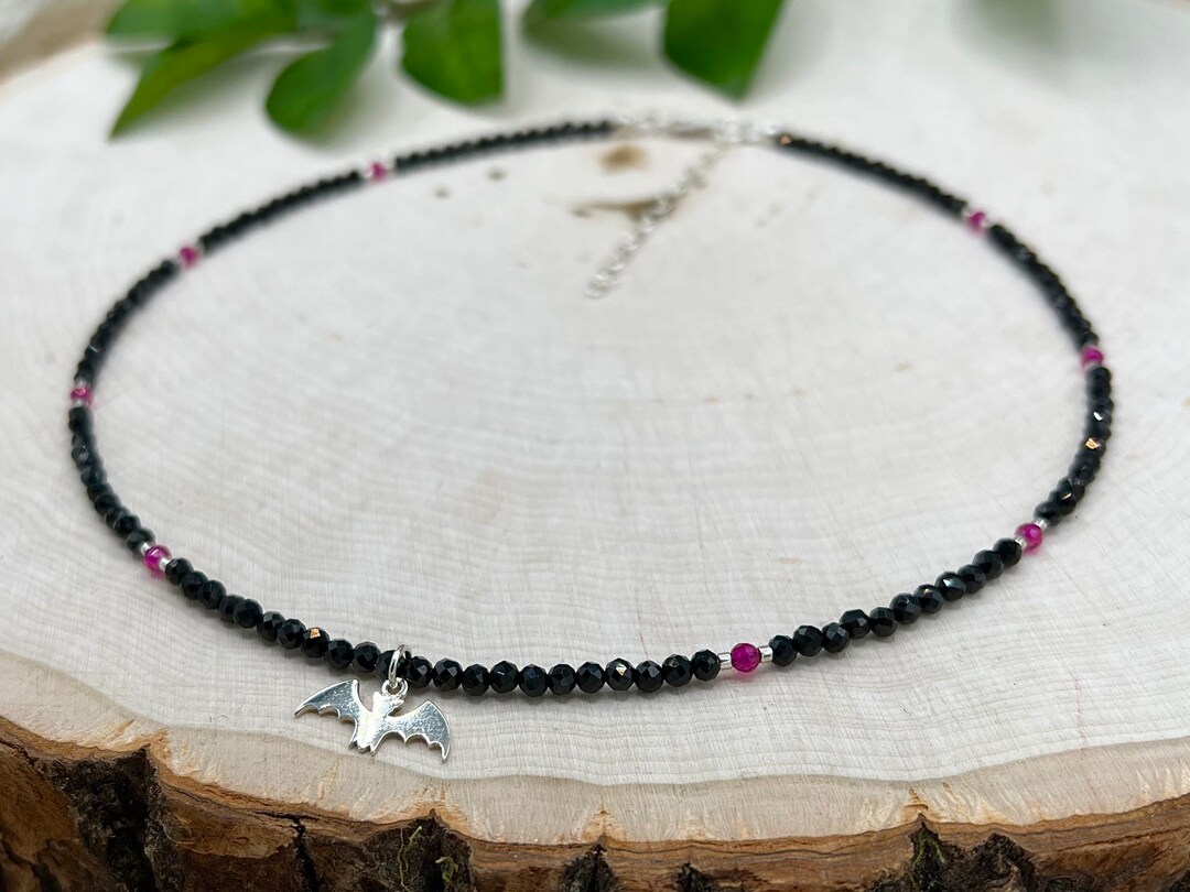 Sterling Silver Bat Charm Necklace With Black Tourmaline & Ruby Beads ...