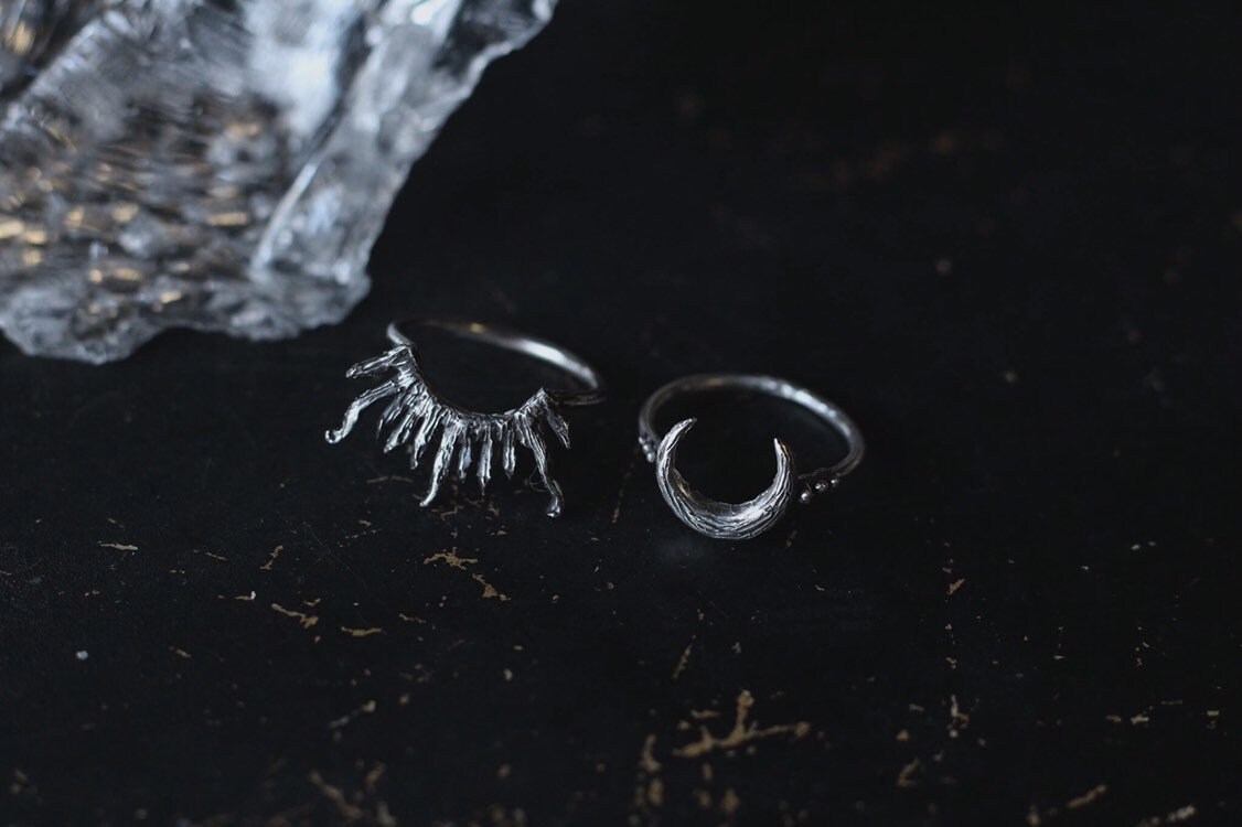Hecate Crescent Moon & Sun Ring Set.oxidized Silverdark - Etsy