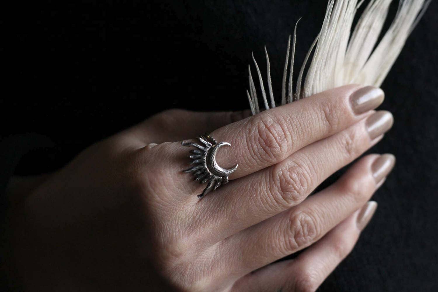 Hecate Crescent Moon & Sun Ring Set.oxidized Silverdark - Etsy