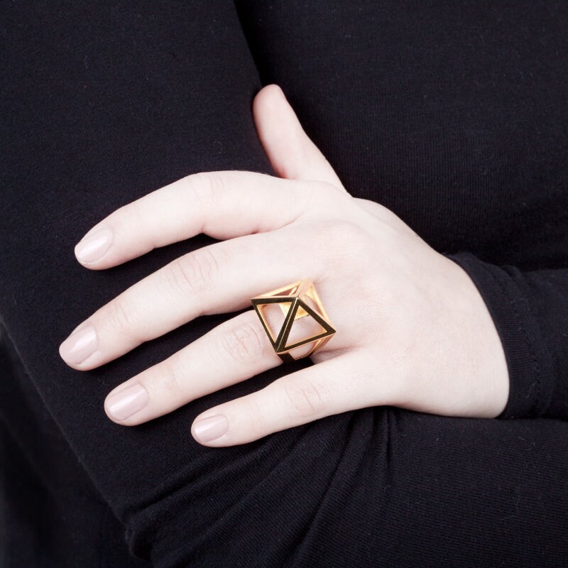 Gold Pyramid Ring, 3D Printed Jewelry, Yellow Gold Edgy Ring, Mythology ...