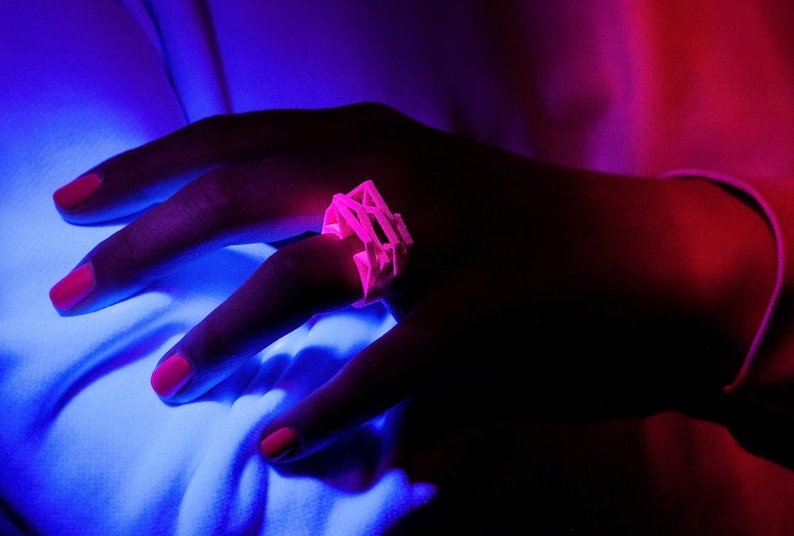 3D Printed Neon Pink Ring, Blacklight Jewellery, Space Jewelry, Glowing ...