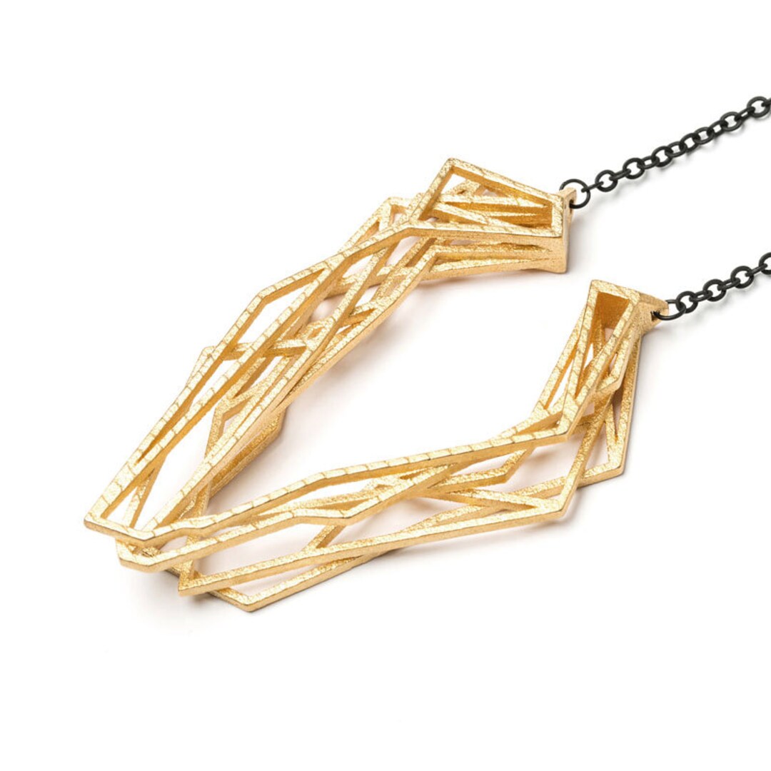 Gold geometrische Halskette, 3D gedruckter Schmuck, Statement Halskette, Eye Catcher Anhänger ...