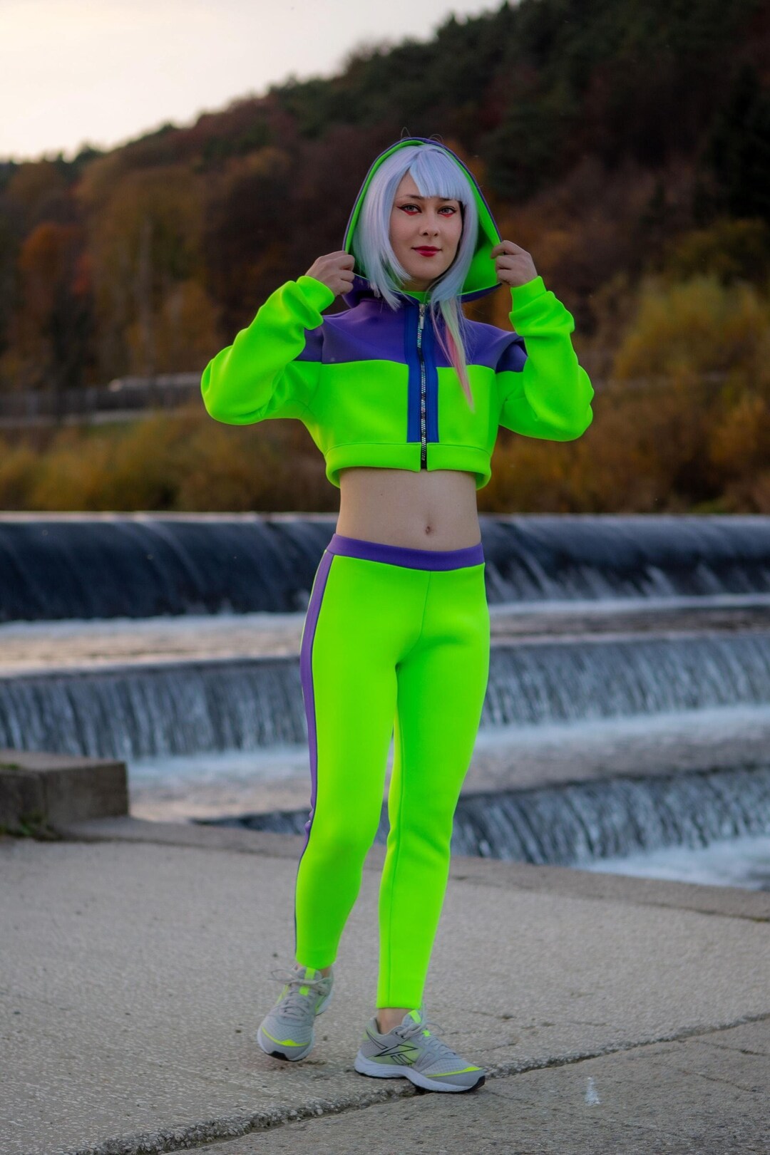 Lucy Cyberpunk Hacker Cosplay Tracksuit – Neon Green & Purple Two-piece ...