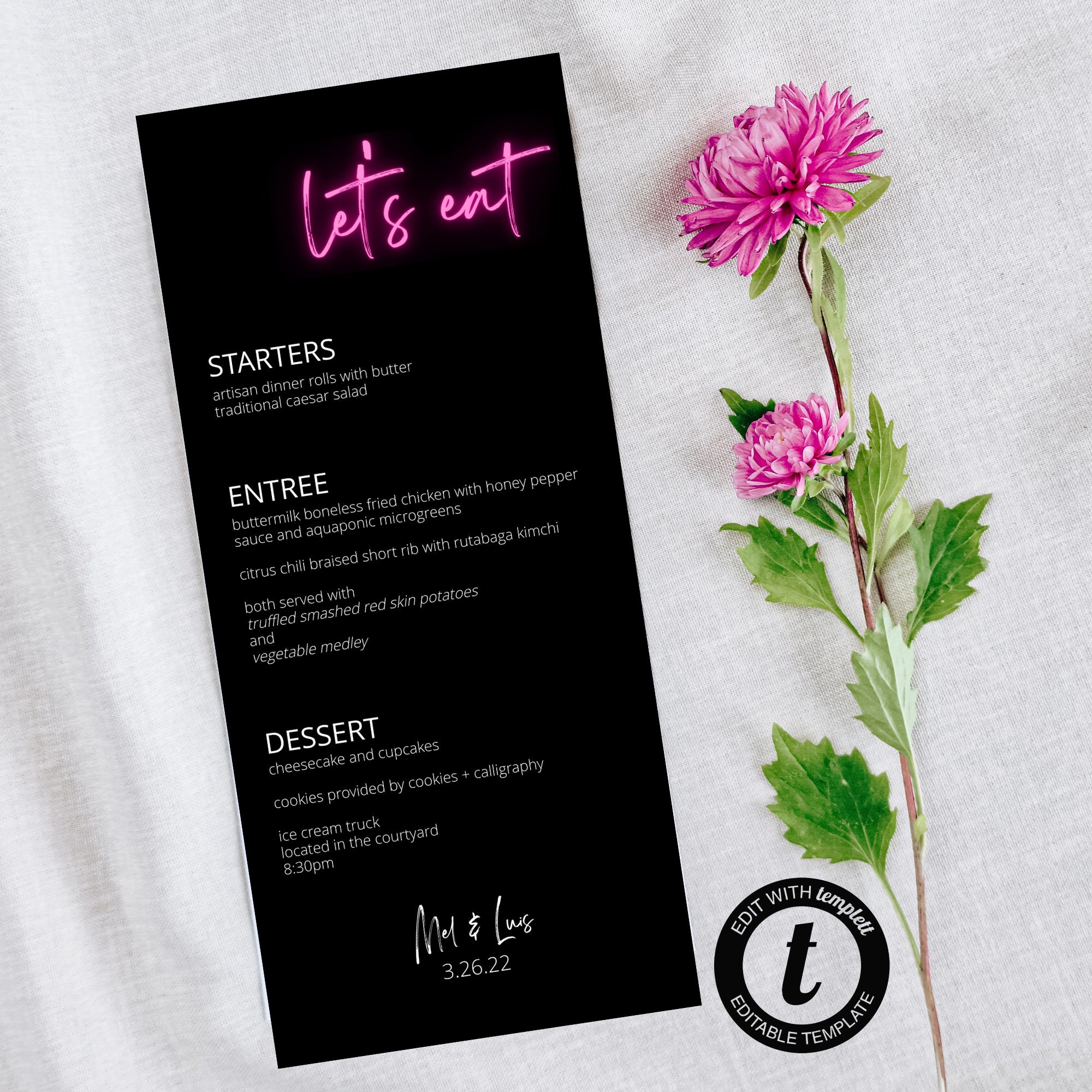 EDITABLE Pink Neon Flat Menu Card Printable, Modern Wedding or Party ...