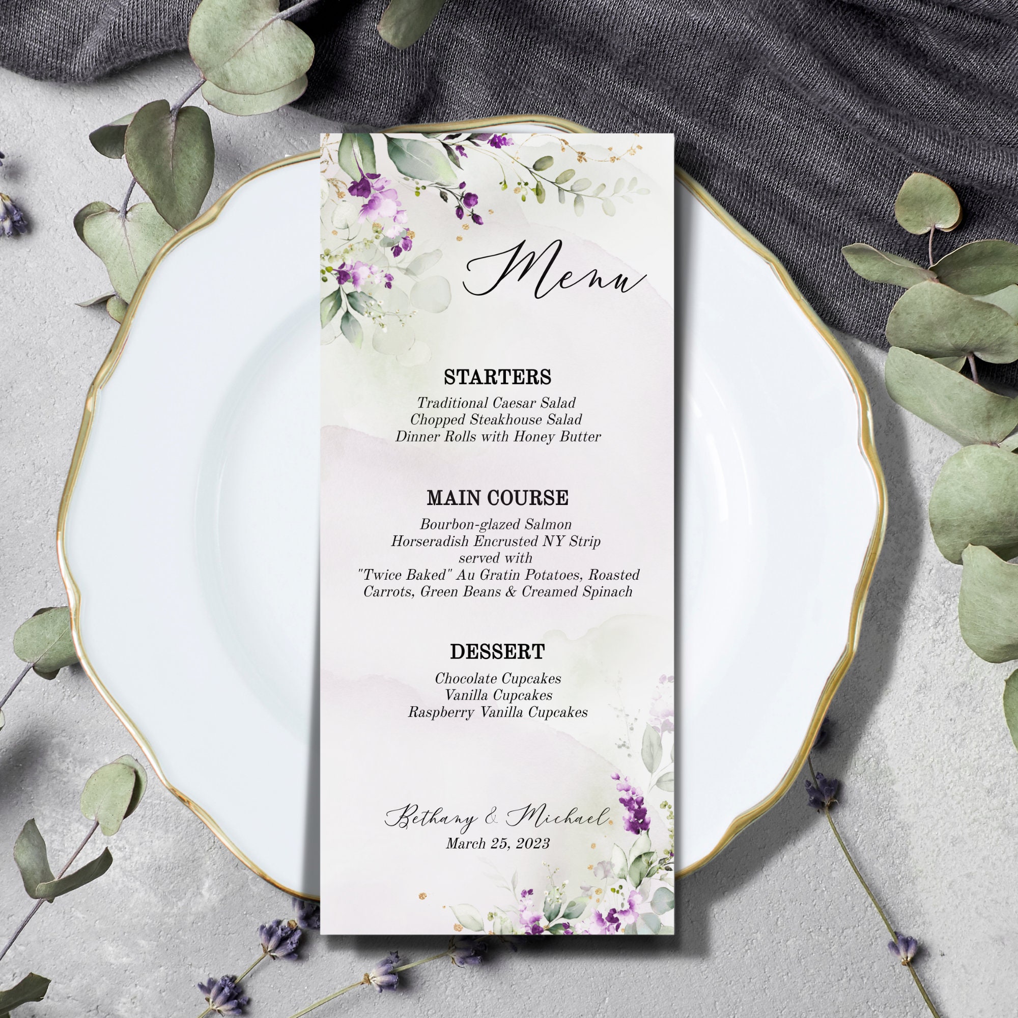 EDITABLE Lavender Greenery Menu Card Printable Template, Wedding or ...