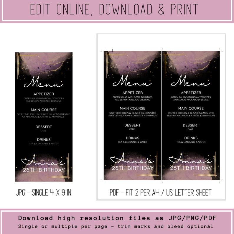 EDITABLE Gold, Pink and White Birthday Menu Card, Party Table Menu Card ...