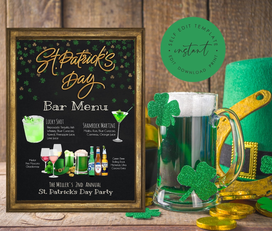 Printable Editable St. Patrick's Day Bar Menu Template, Bar Menu Sign ...