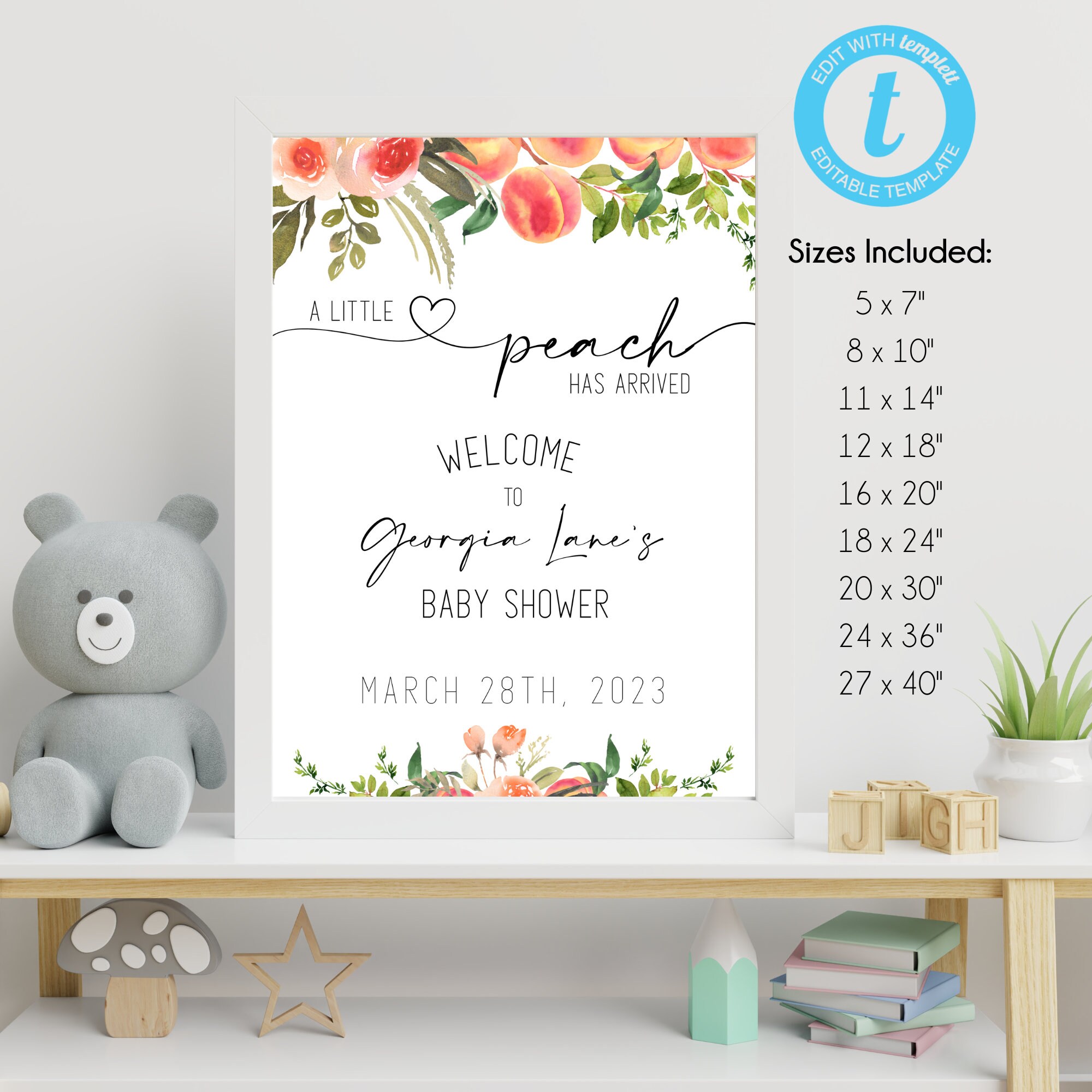 Editable Peach Baby Shower Welcome Sign Editable, Baby Shower Sign ...