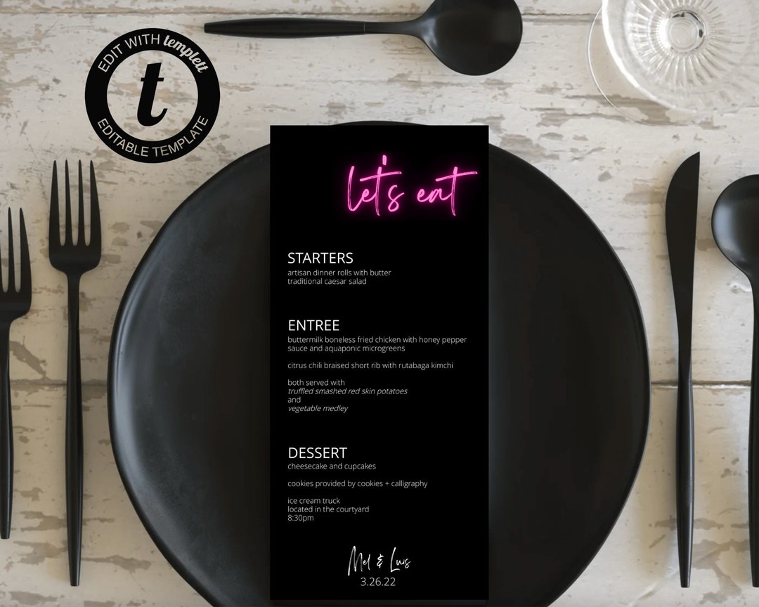 EDITABLE Pink Neon Flat Menu Card Printable, Modern Wedding or Party ...