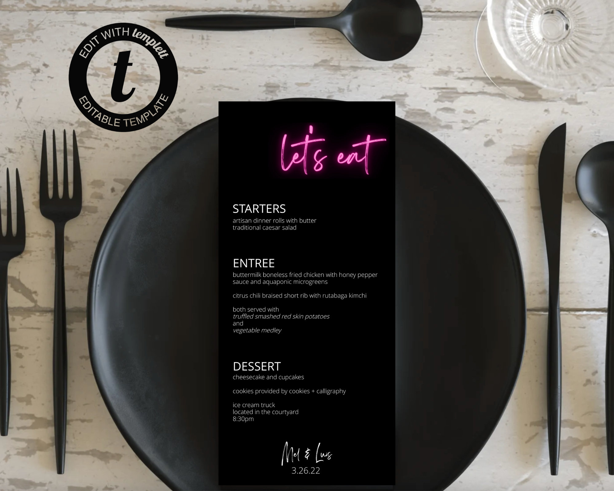 EDITABLE Pink Neon Flat Menu Card Printable, Modern Wedding or Party ...