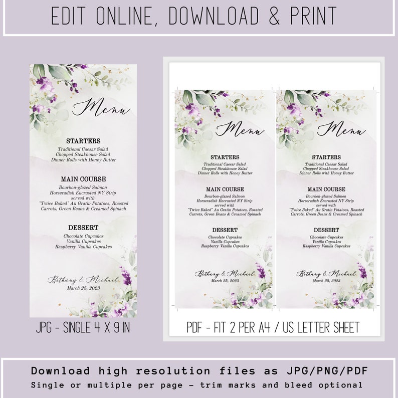 EDITABLE Lavender Greenery Menu Card Printable Template, Wedding or ...