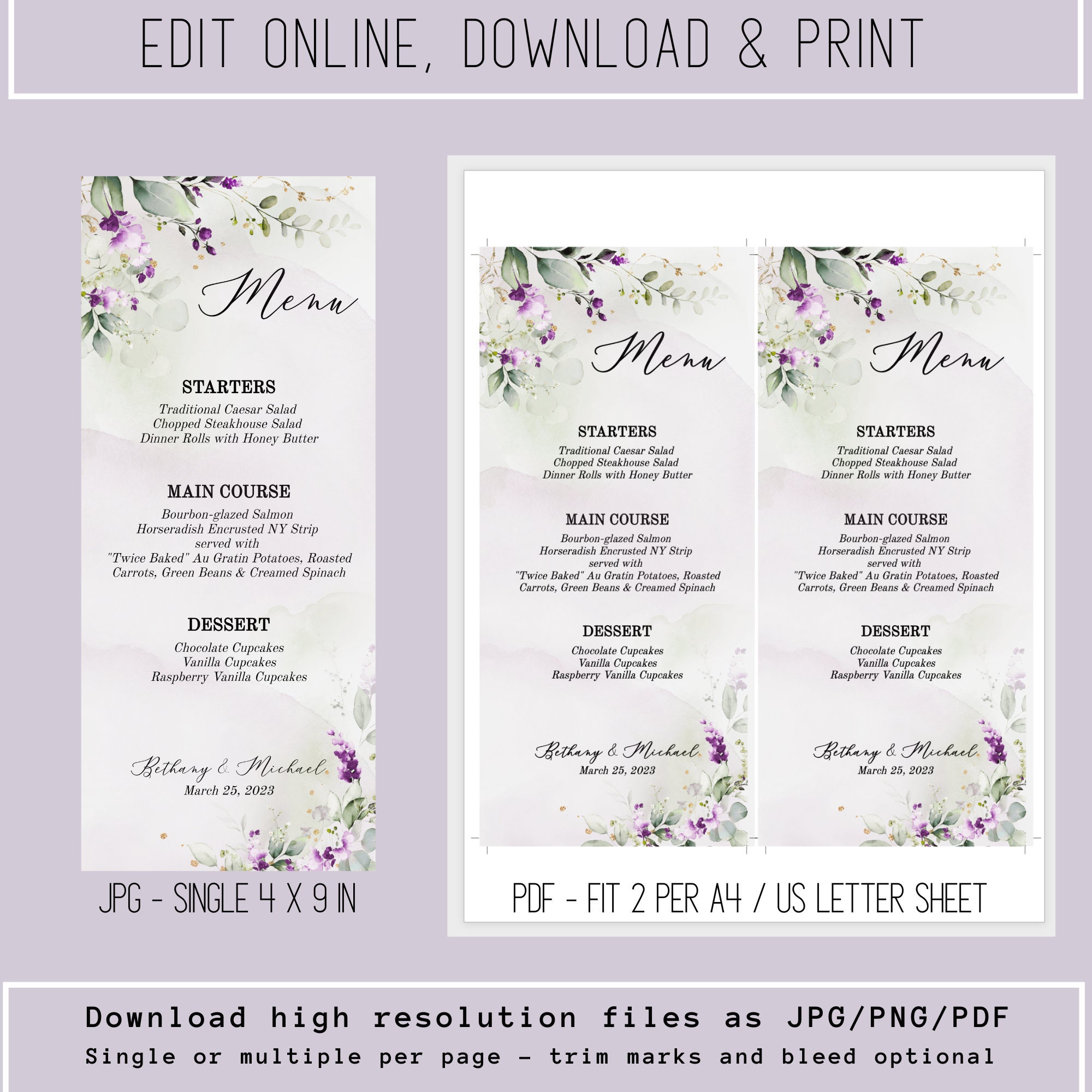 EDITABLE Lavender Greenery Menu Card Printable Template, Wedding or ...
