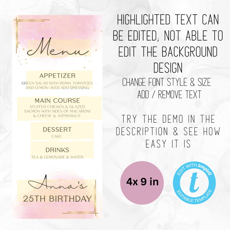 EDITABLE Gold, Pink and White Birthday Menu Card, Party Table Menu Card ...