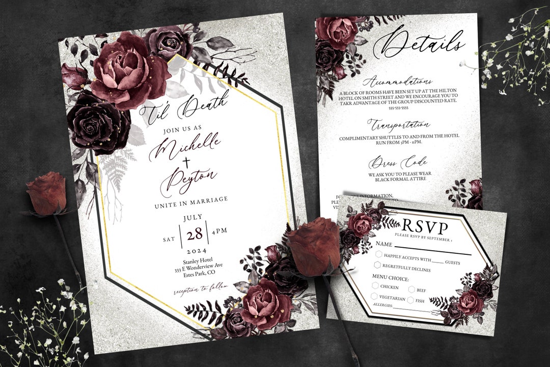 Printable Editable Small Bundle Gothic Wedding Invitation, Burgandy ...