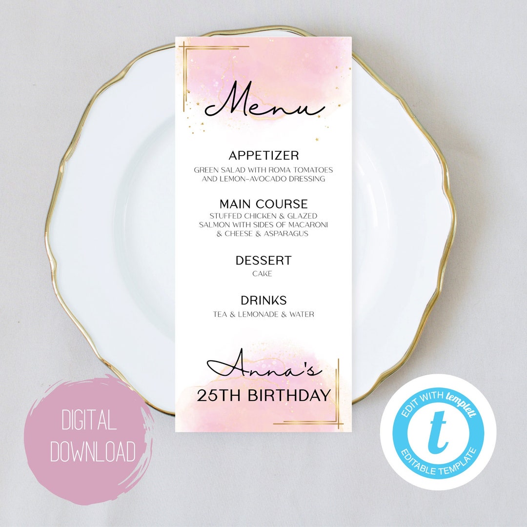 EDITABLE Gold, Pink and White Birthday Menu Card, Party Table Menu Card ...