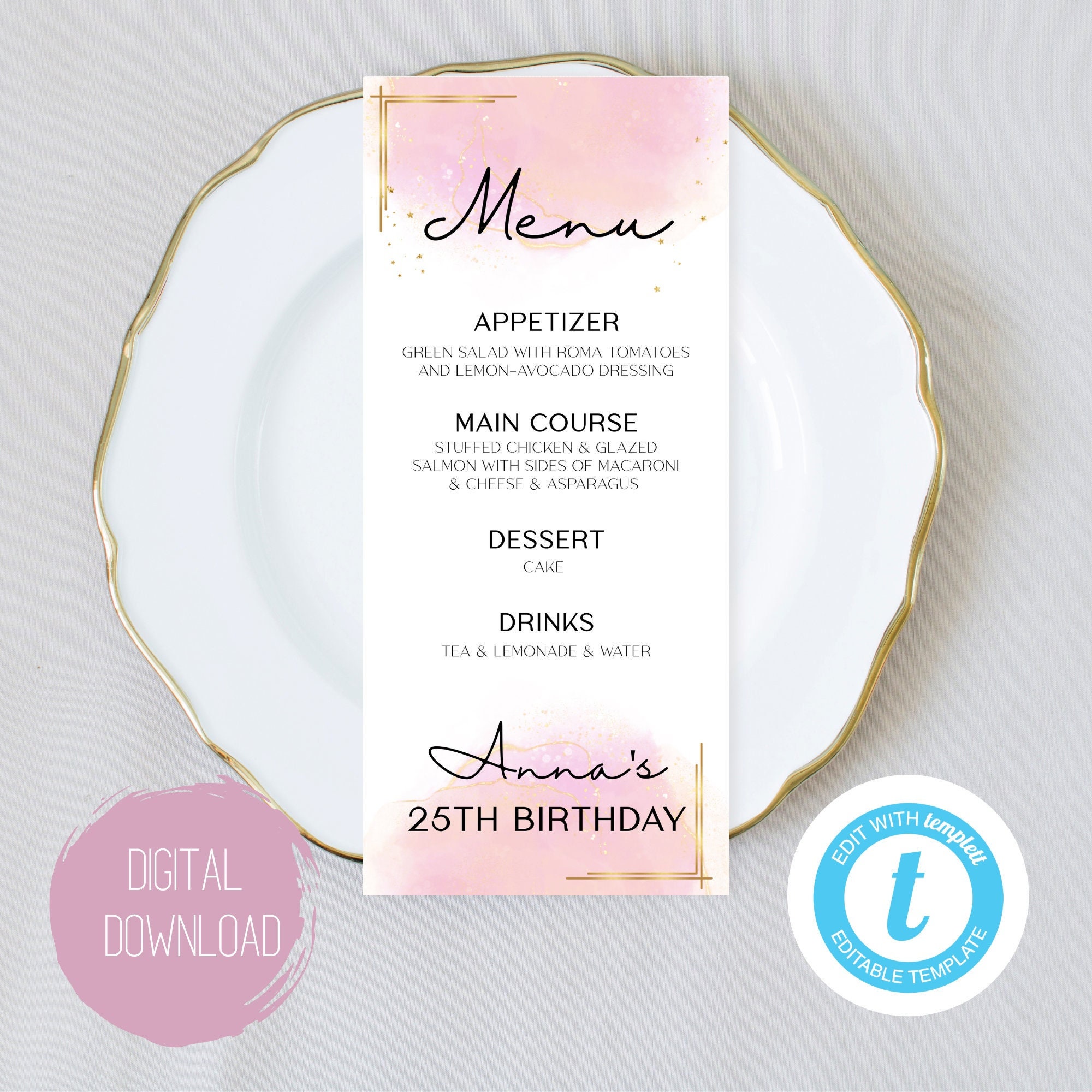 EDITABLE Gold, Pink and White Birthday Menu Card, Party Table Menu Card ...