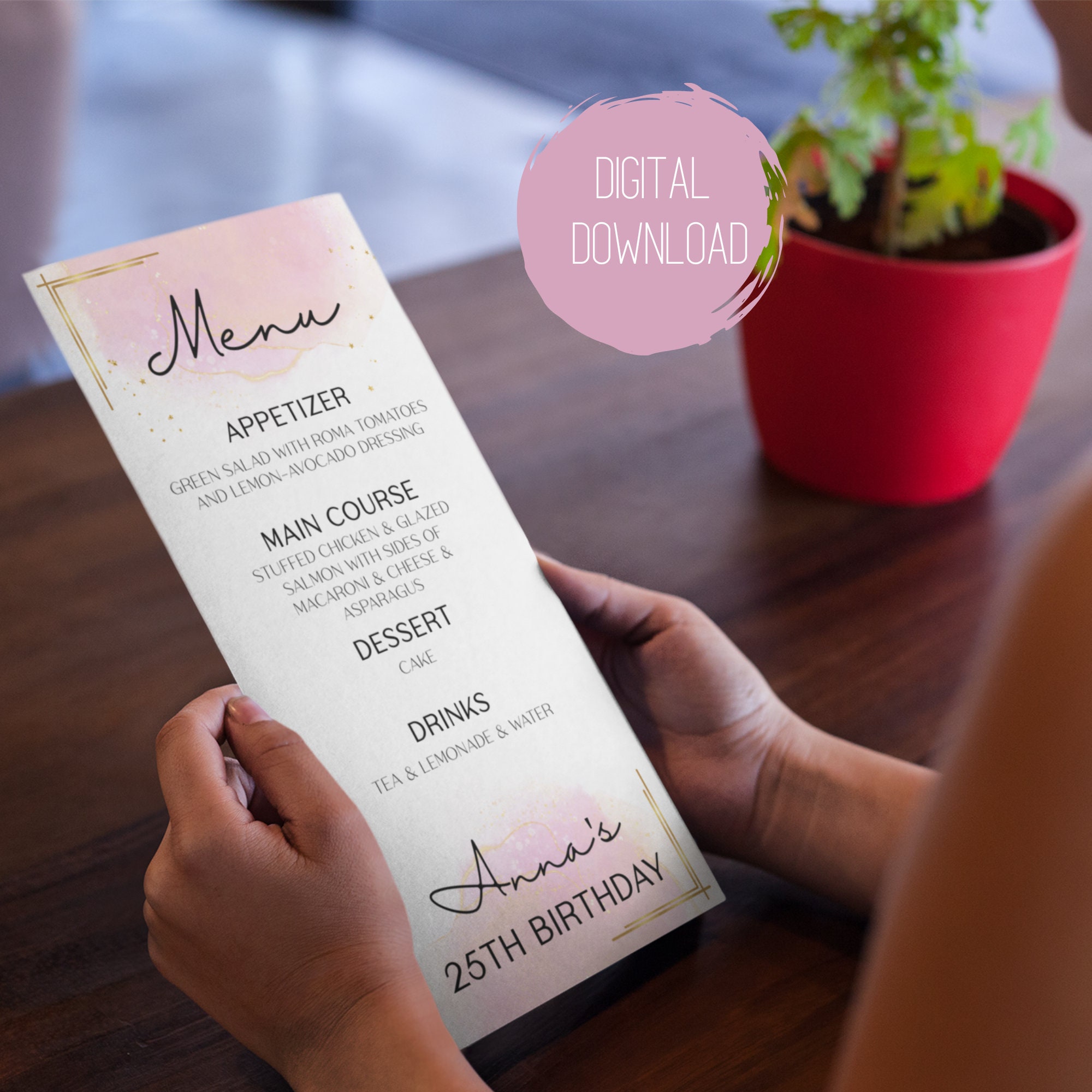 EDITABLE Gold, Pink and White Birthday Menu Card, Party Table Menu Card ...
