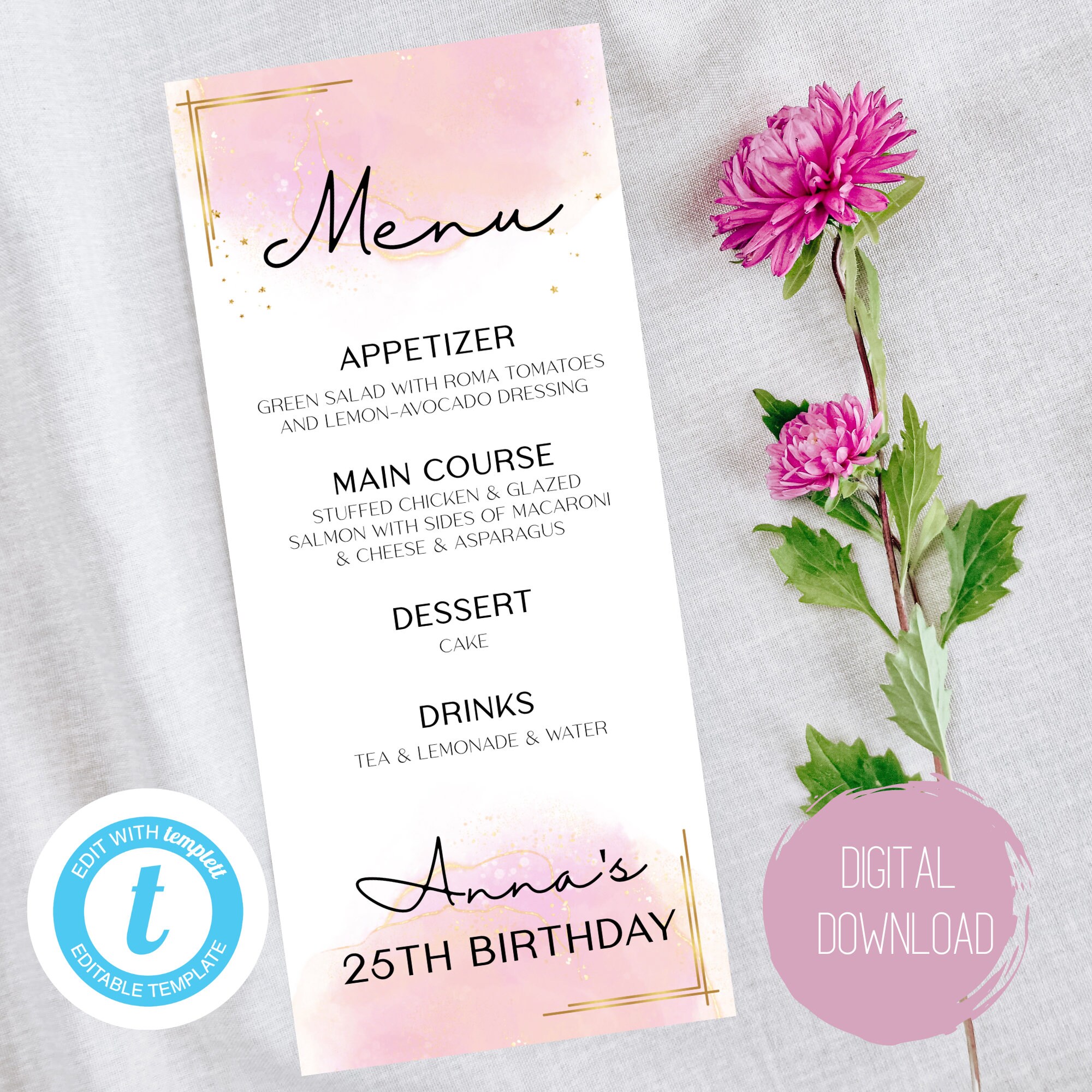 EDITABLE Gold, Pink and White Birthday Menu Card, Party Table Menu Card ...