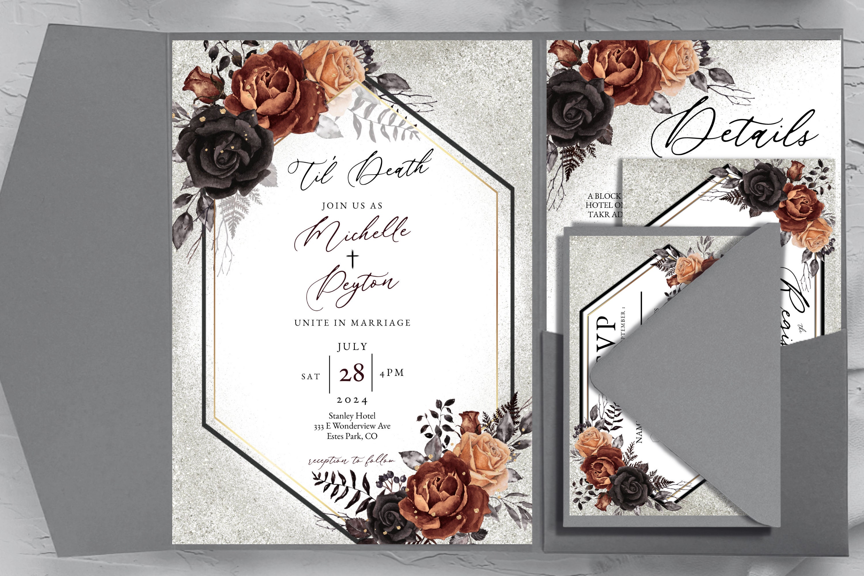 Printable Terracotta Wedding Invitation Bundle, Black Terracotta Roses ...
