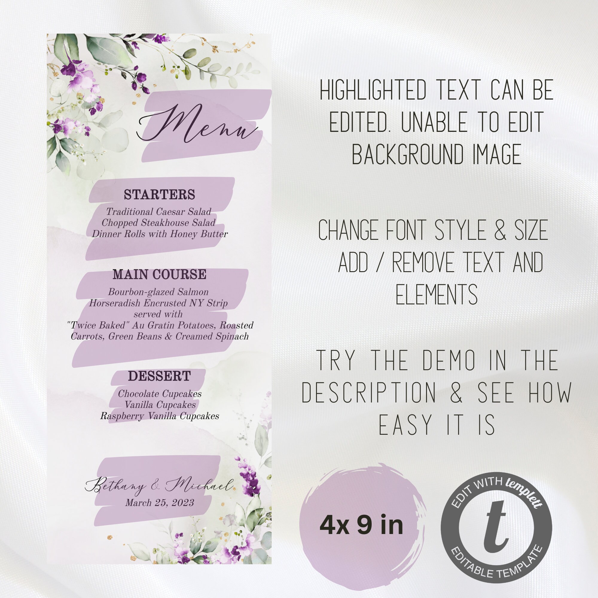 EDITABLE Lavender Greenery Menu Card Printable Template, Wedding or ...