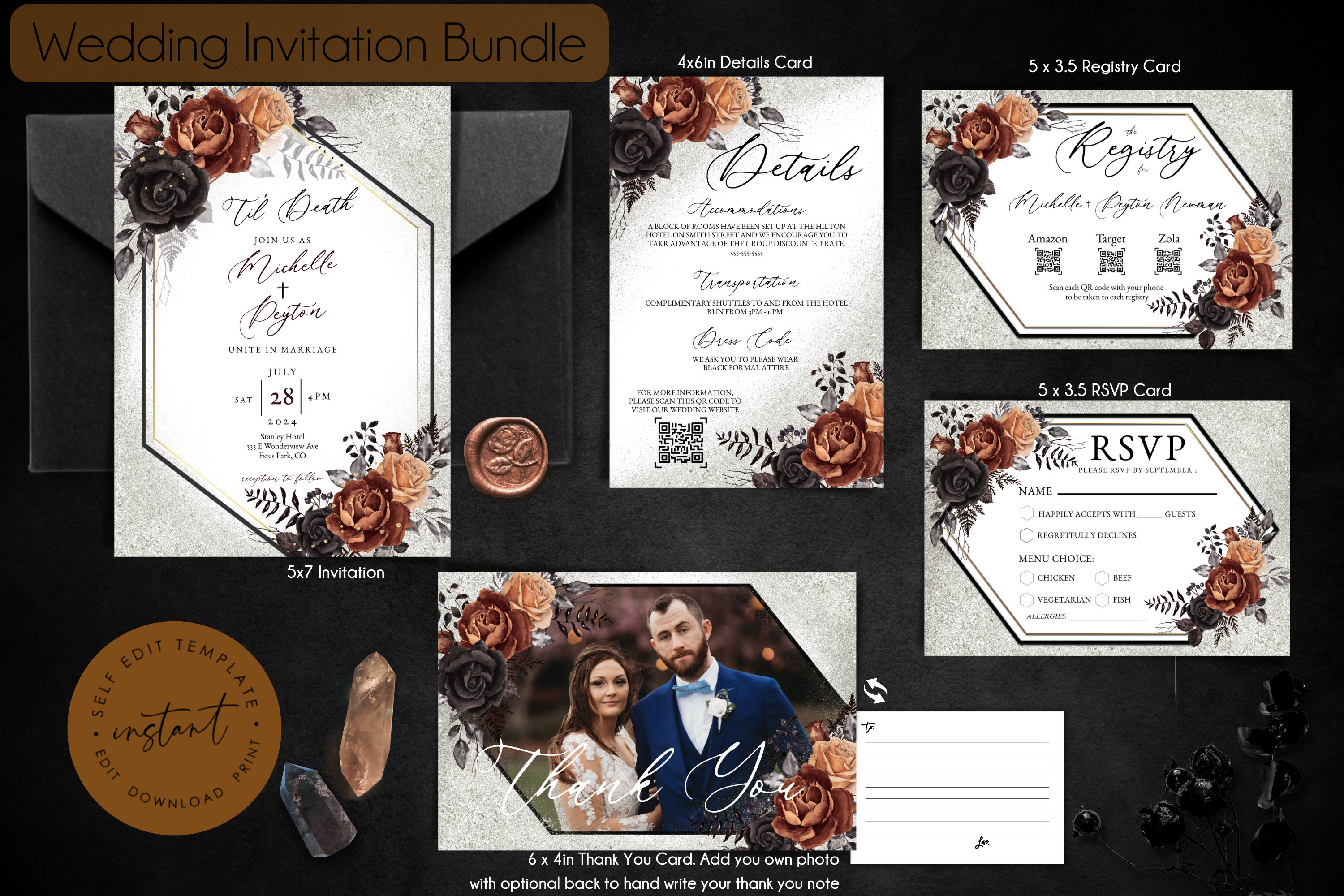 Printable Terracotta Wedding Invitation Bundle, Black Terracotta Roses ...