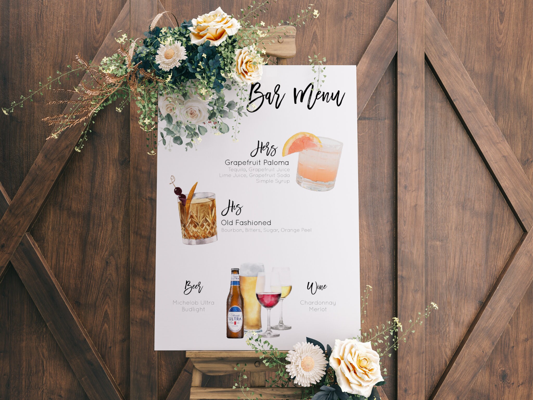 DESIGN YOUR OWN Wedding Bar Menu Sign White Roses, Printable Bar Menu ...